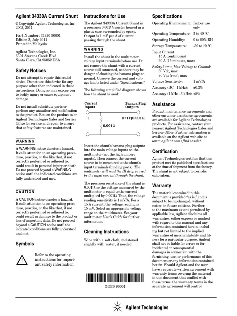 Agilent 34330A Current Shunt Instructions For Use Specifications | PDF ...