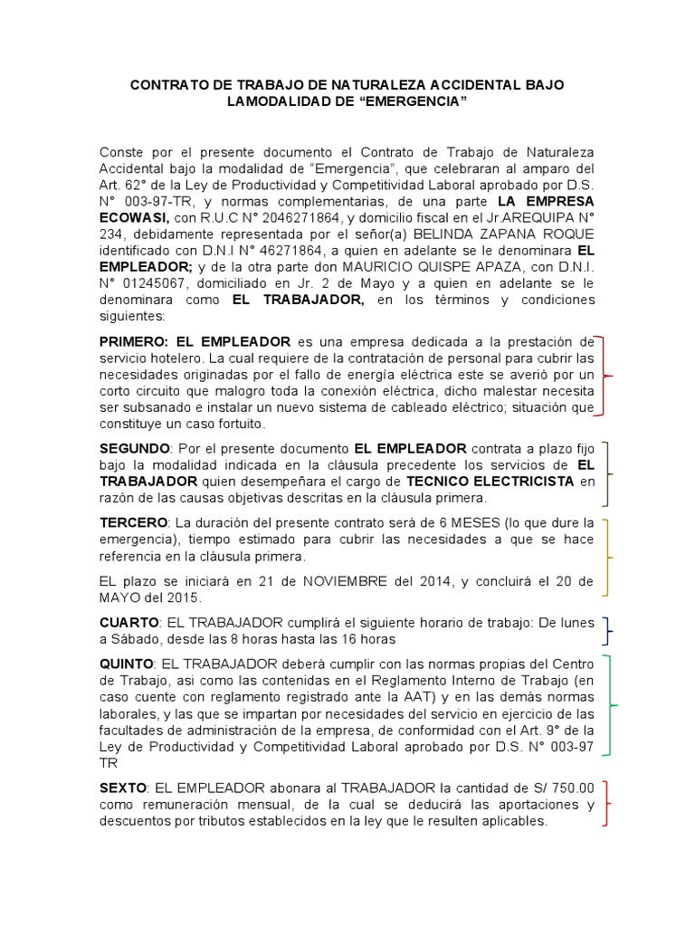 Modelo de Contrato Accidental Por Emergencia 1 | PDF | Derecho laboral | Empleo