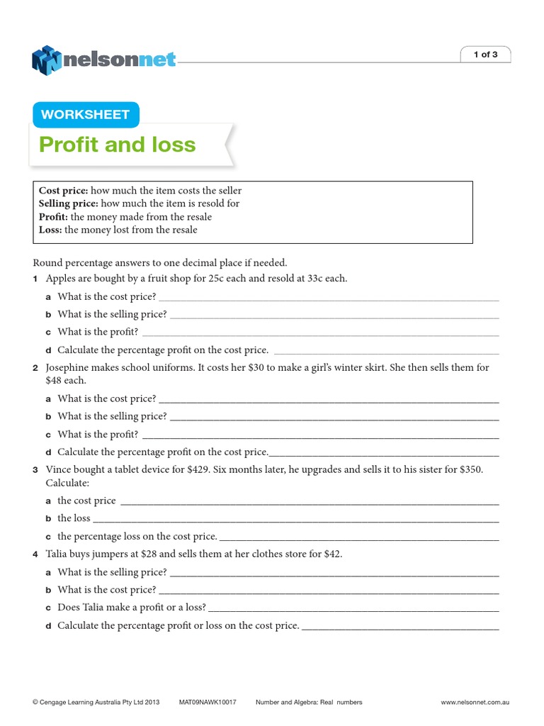 Profit and Loss: Worksheet | Download Free PDF | Prices | Market ...