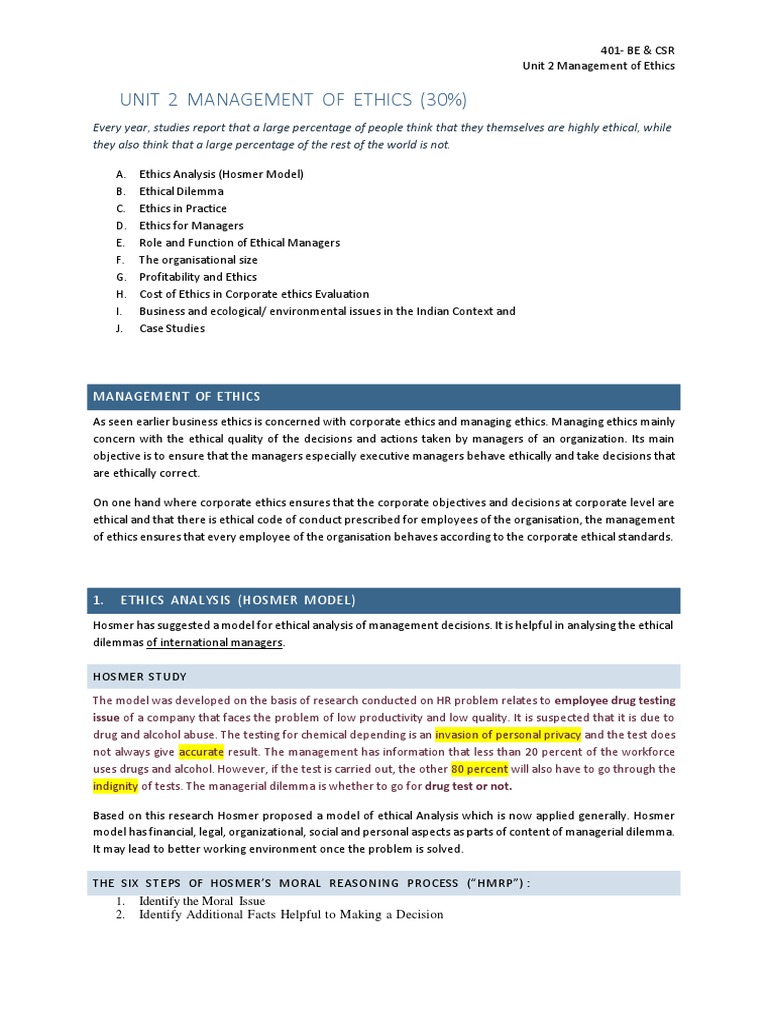 Unit 2 Management of Ethics | PDF | Corporate Social Responsibility ...