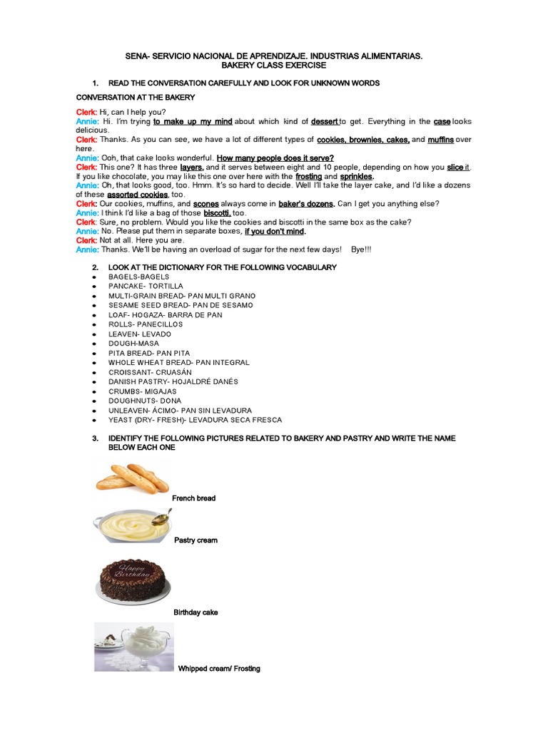 Bakery Conversation and Vocabulary Exercise | PDF
