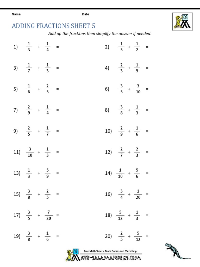 Adding Fractions Sheet 5: Add Up The Fractions Then Simplify The Answer ...