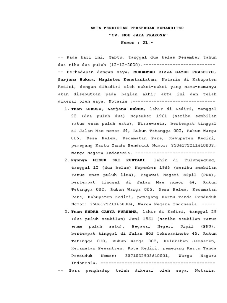 Akta Pendirian CV Moe Jaya Prakosa | PDF