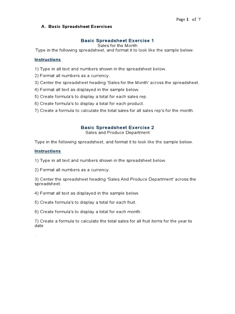Spreadsheet Basics & Exercises | PDF | Spreadsheet | Page Layout