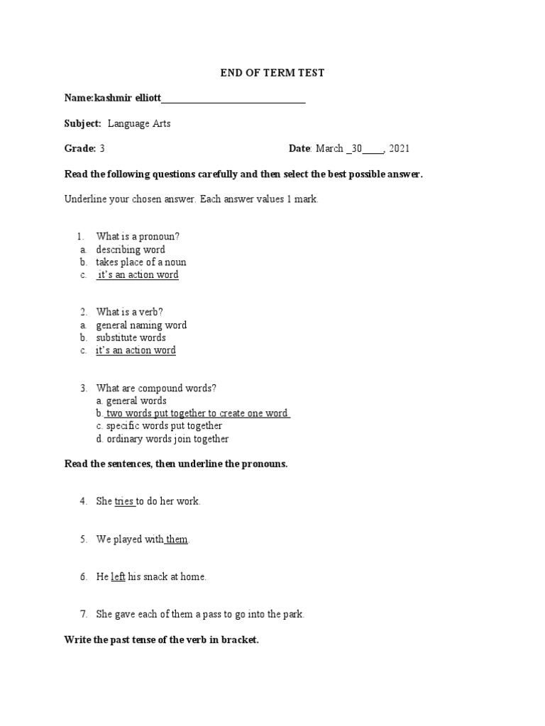 End of Term Test | PDF | Verb | Word