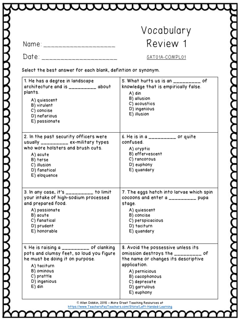 Vocabulary Review 1: Name: Date | PDF | Verb | Adjective