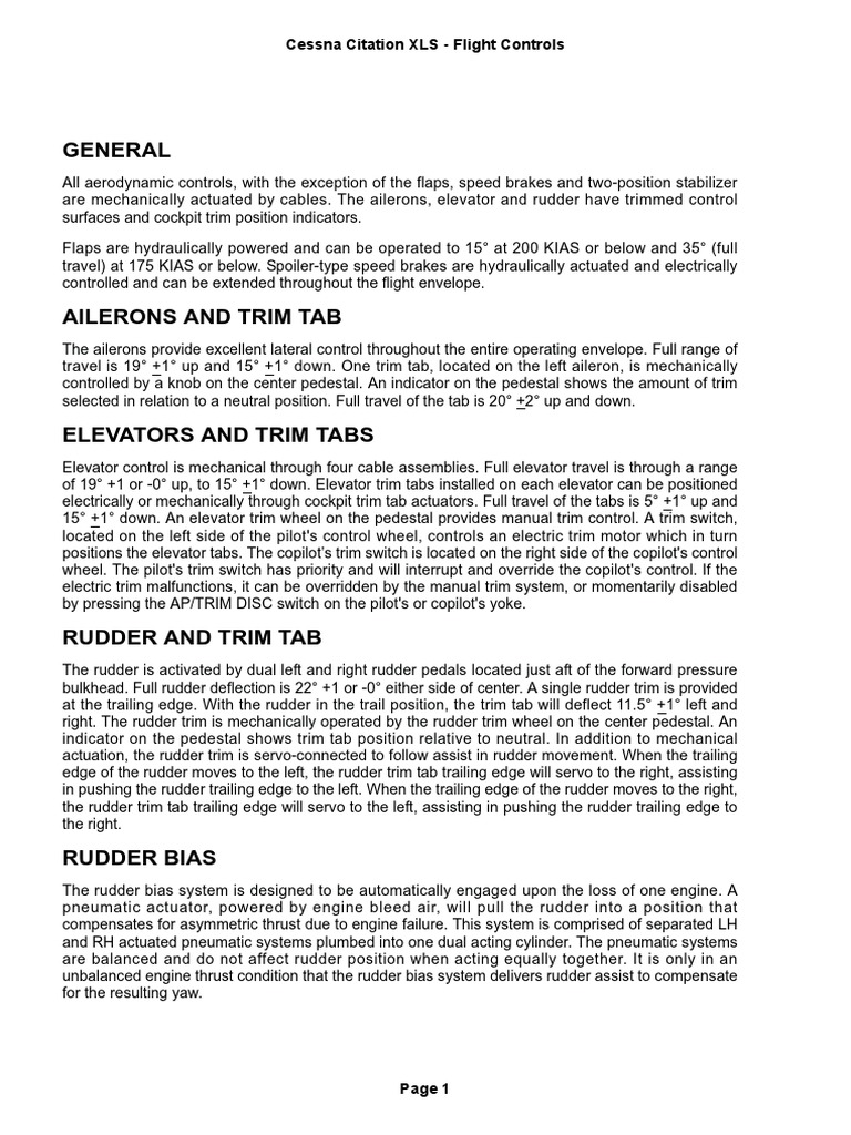 General: Cessna Citation XLS - Flight Controls | PDF | Aircraft Flight ...