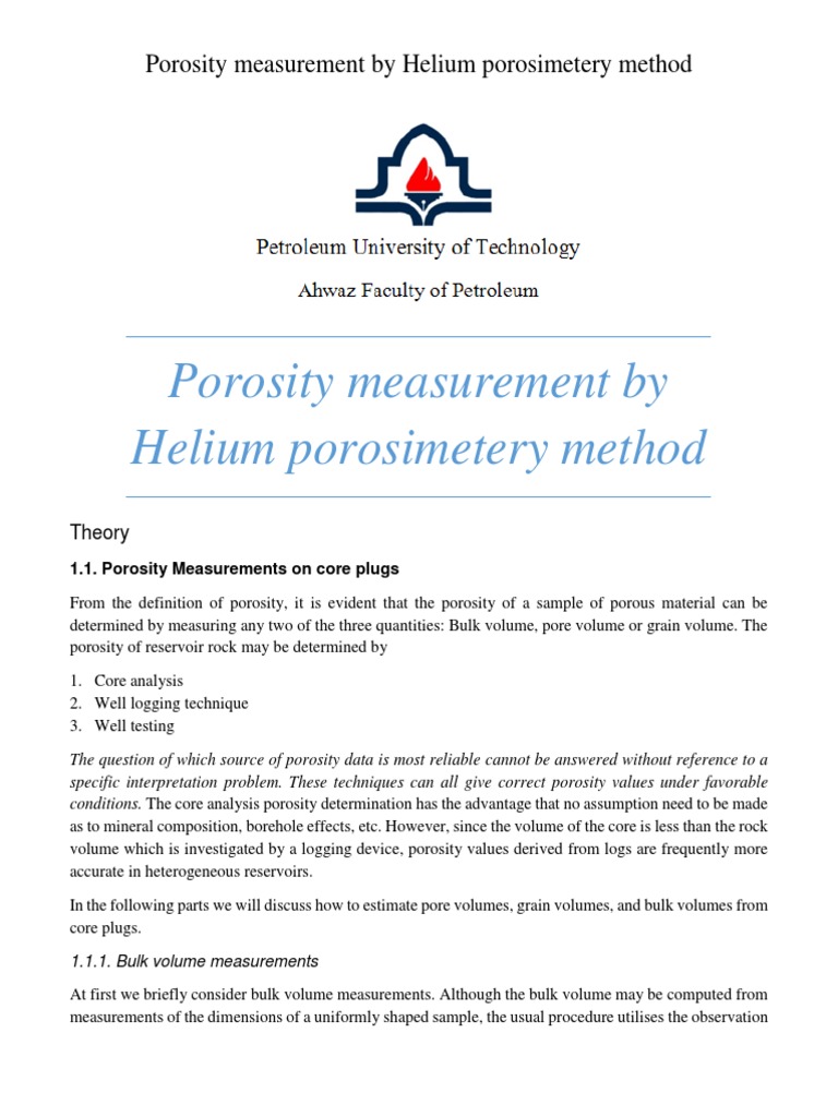 Porosity Measurement by Helium Porosimetery Method | PDF | Porosity | Gases