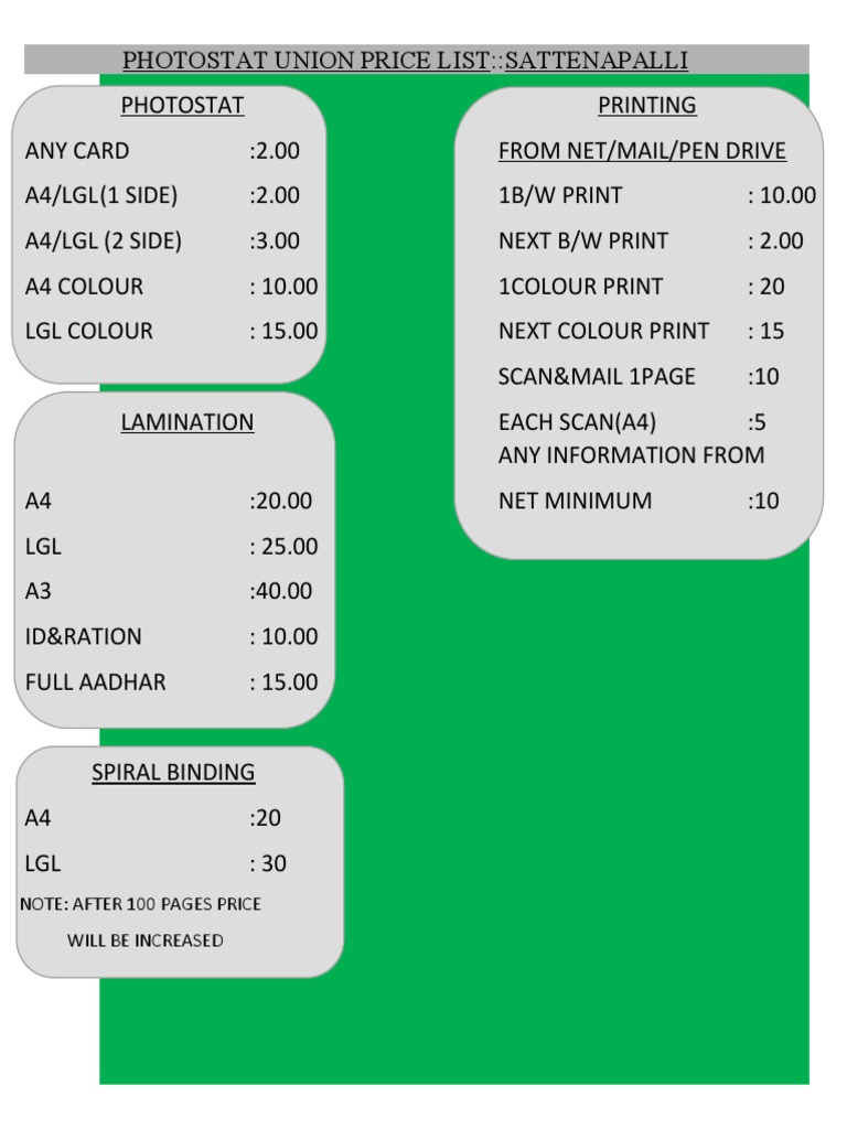 Photostat Union Price List | PDF