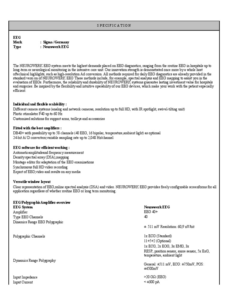 EEG Merk: Sigma /germany Type: Neurowerk EEG: Specification | PDF ...