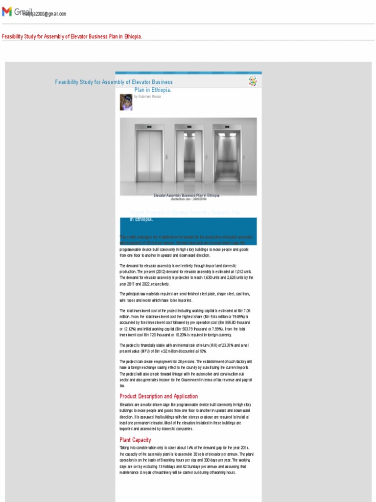 Project Proposal For Assembly of Elevator Business Plan in Ethiopia | PDF | Internal Rate Of ...
