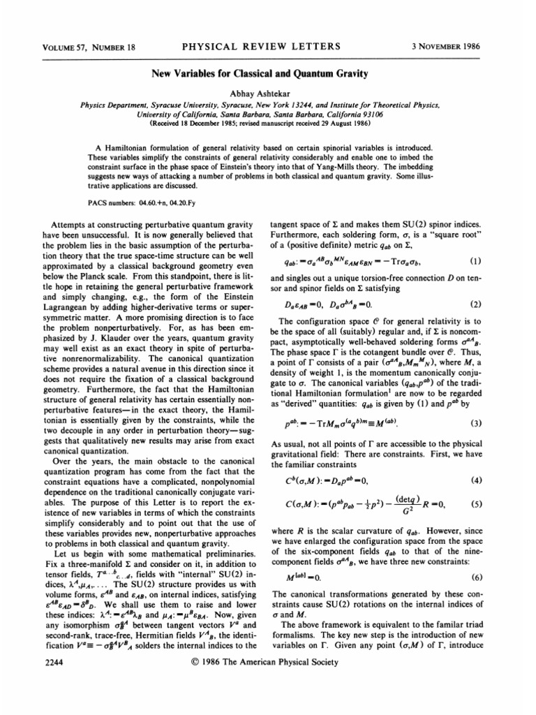 1986 - (Ashtekar) New Variables For Classical and Quantum Gravity | PDF | Quantum Gravity ...