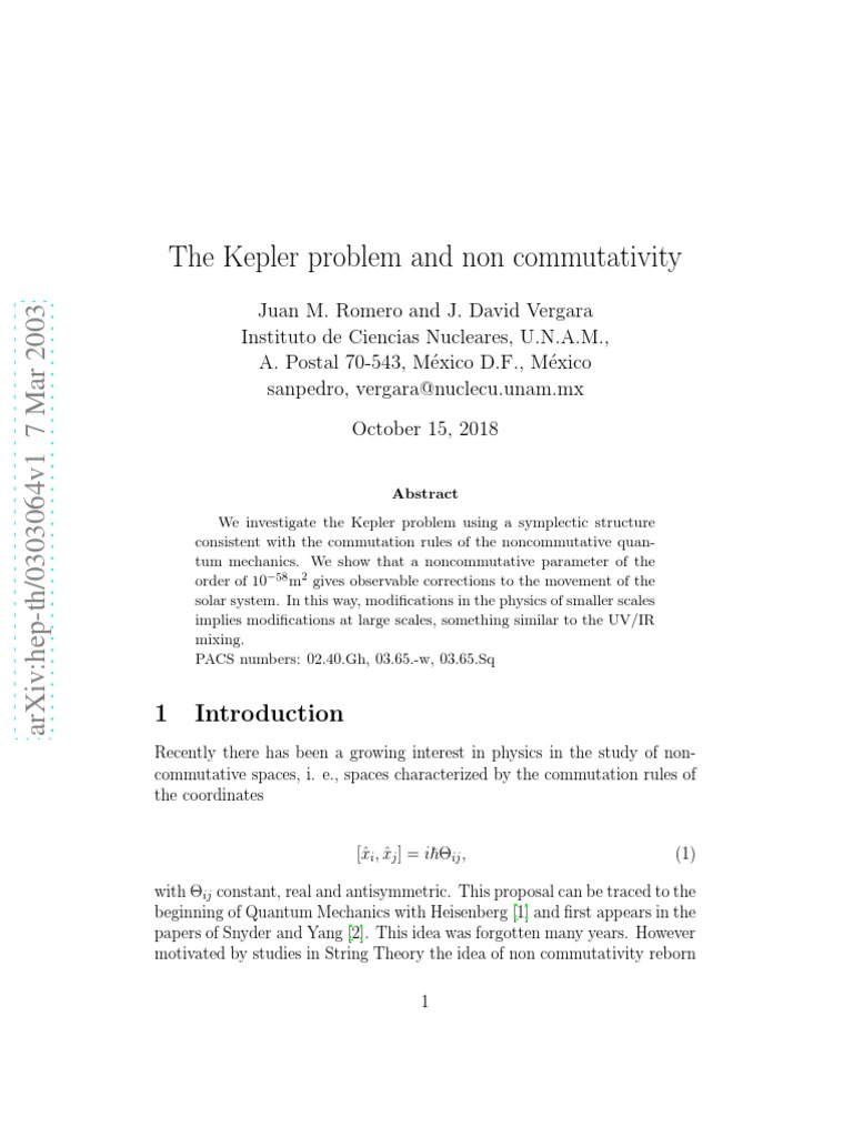2003 - (Romero) The Kepler Problem and Non Commutativity | PDF | Quantum Field Theory ...