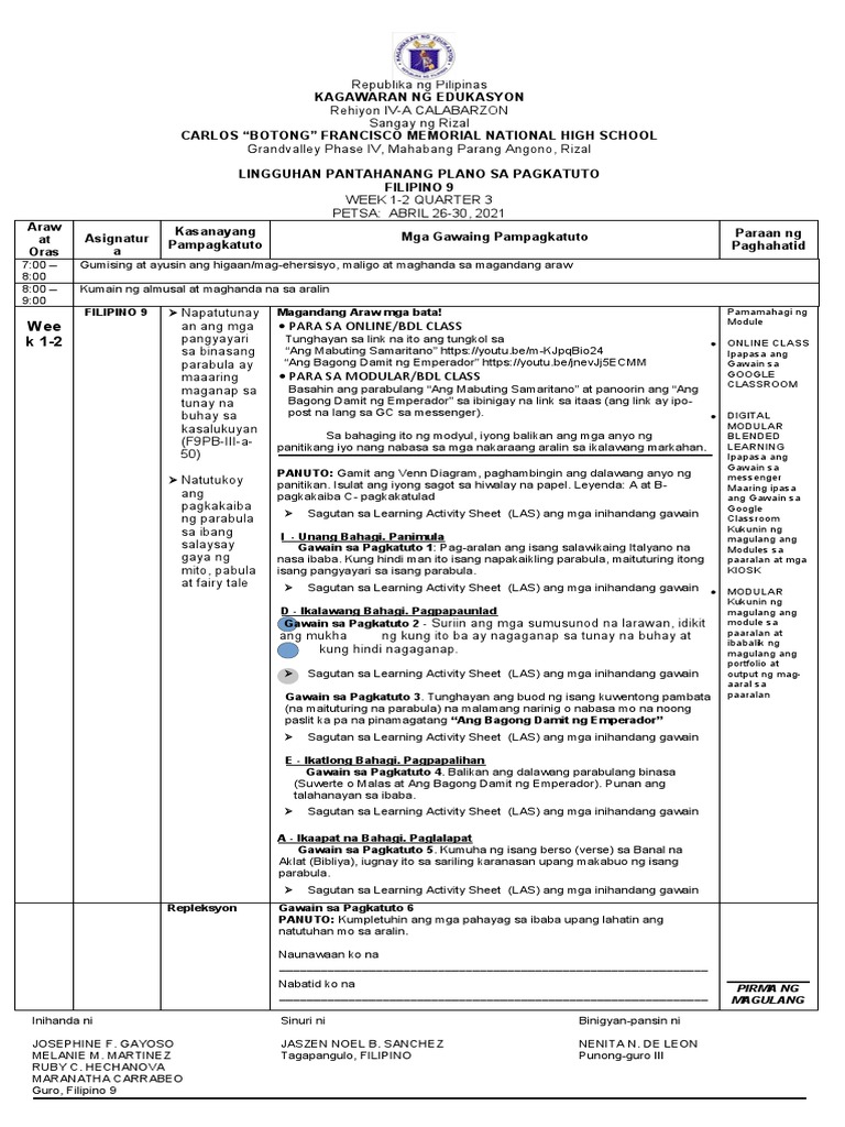 Filipino 9 3RD Quarter WHLP Las Week 1 8 | PDF