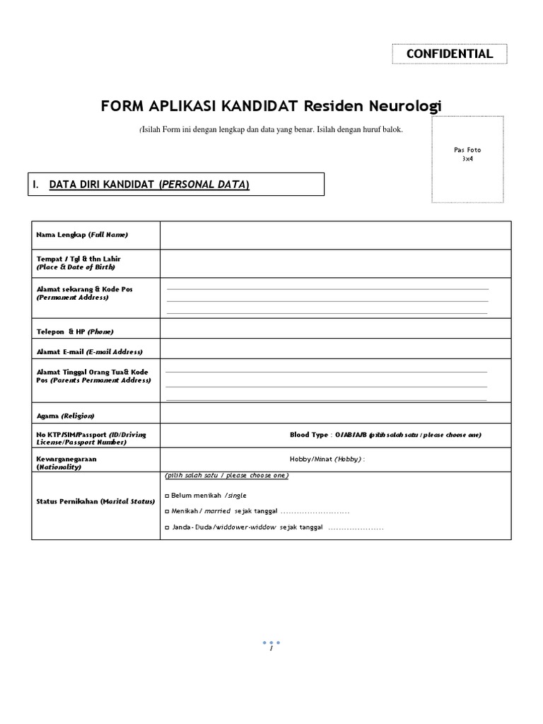 FORM APLIKASI KANDIDAT Residen Neurologi: I. Data Diri Kandidat (Personal Data) | PDF