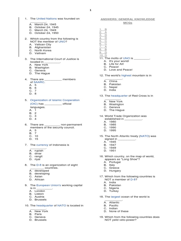 General Knowledge NTS Important MCQs | PDF | Organisation Of Islamic Cooperation | Asia