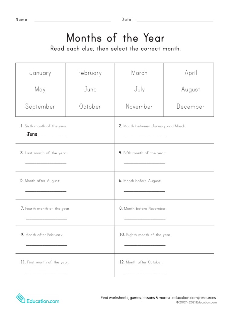 Months of the Year Worksheet | PDF