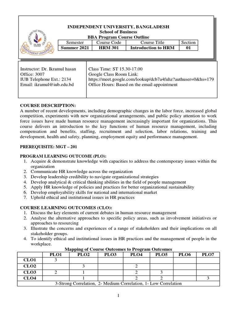 HRM-301 Course Outline | PDF | Performance Appraisal | Human Resource Management