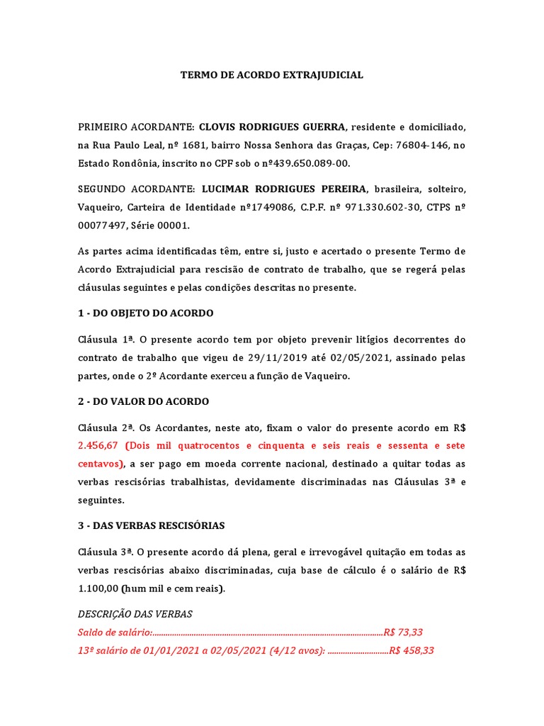 Termo de Acordo Extrajudicial Trabalhista | PDF | Trabalho | Emprego