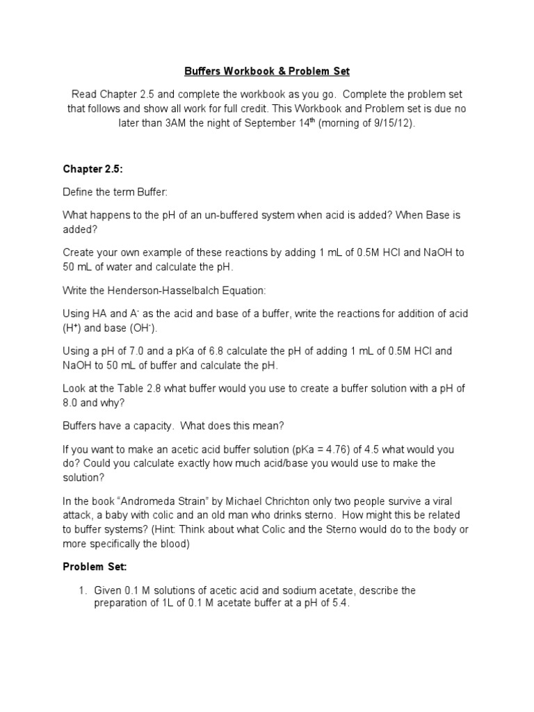 Buffers Worksheet and Problem Set | PDF | Buffer Solution | Acid Buffers Worksheet and Problem Set | PDF | Buffer Solution | Acid