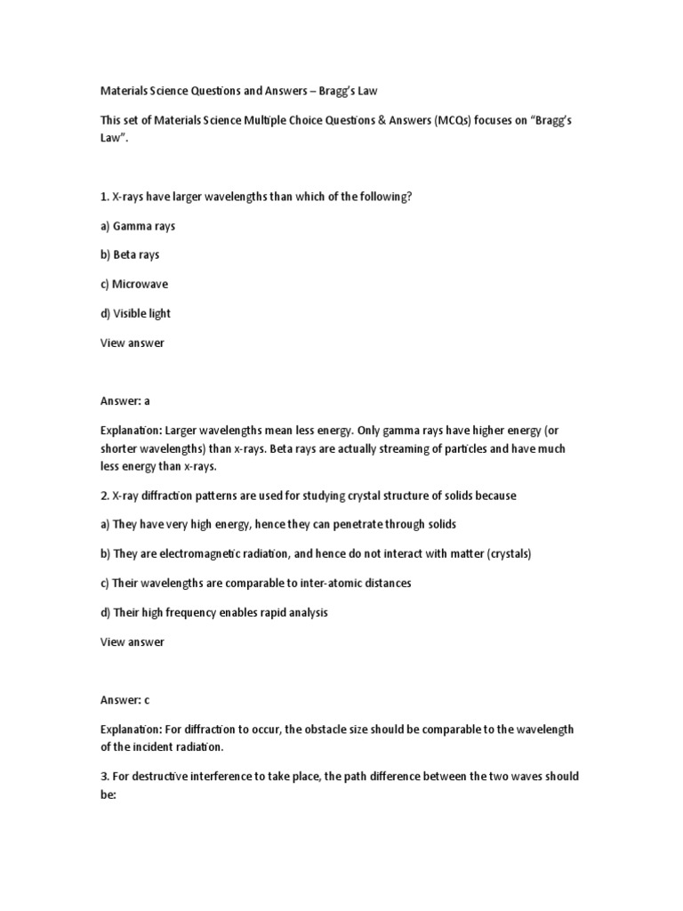 Materials Science Questions and Answers | PDF | X Ray Crystallography | Diffraction