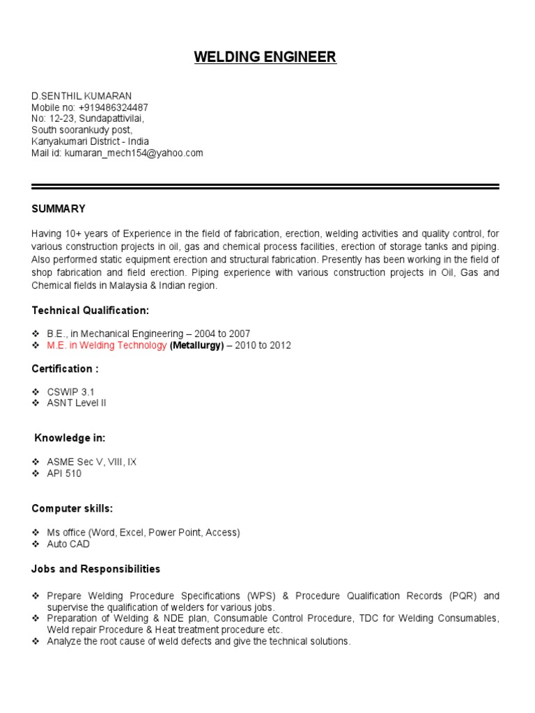 Welding Engineer Resume | PDF | Welding | Construction