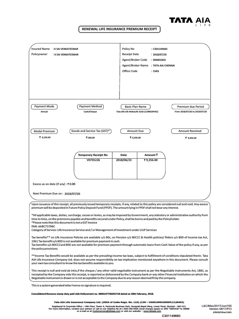 C301149660-Renewal Premium Receipt | PDF | Life Insurance | Insurance