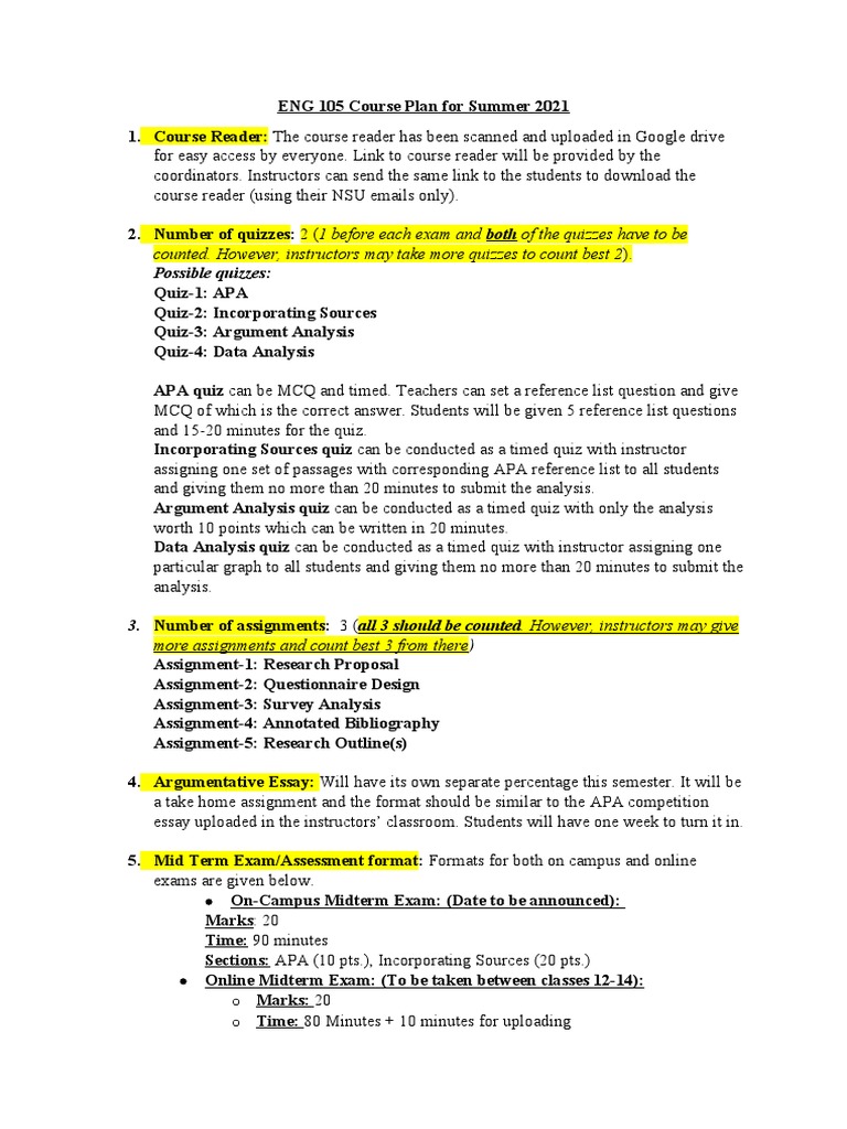 ENG105 - Course Mapping For Summer 2021 | PDF | Quiz | Test (Assessment)