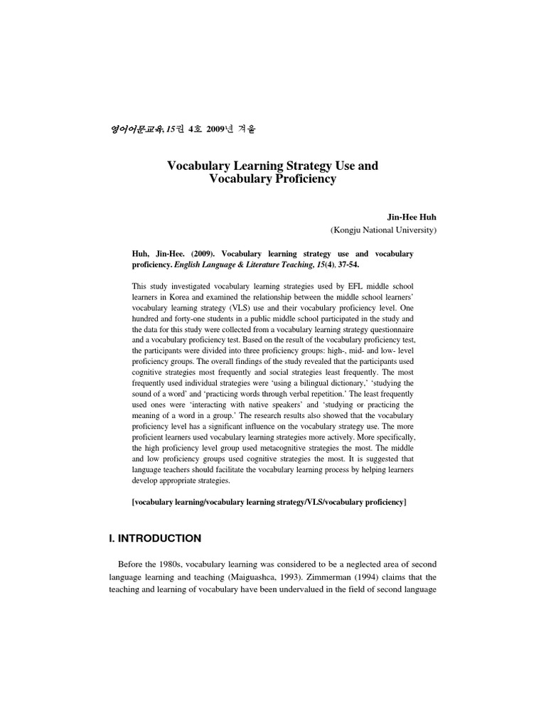 Vocabulary Learning Strategy Use and Vocabulary Proficiency | PDF ...