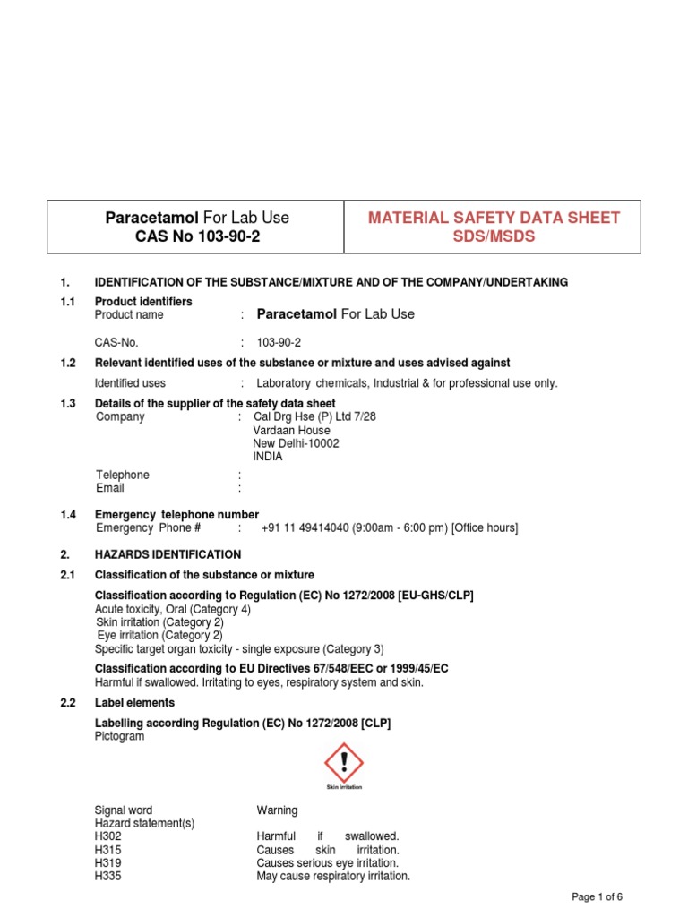 Paracetamol For Lab Use CAS No 103-90-2: Material Safety Data Sheet Sds ...