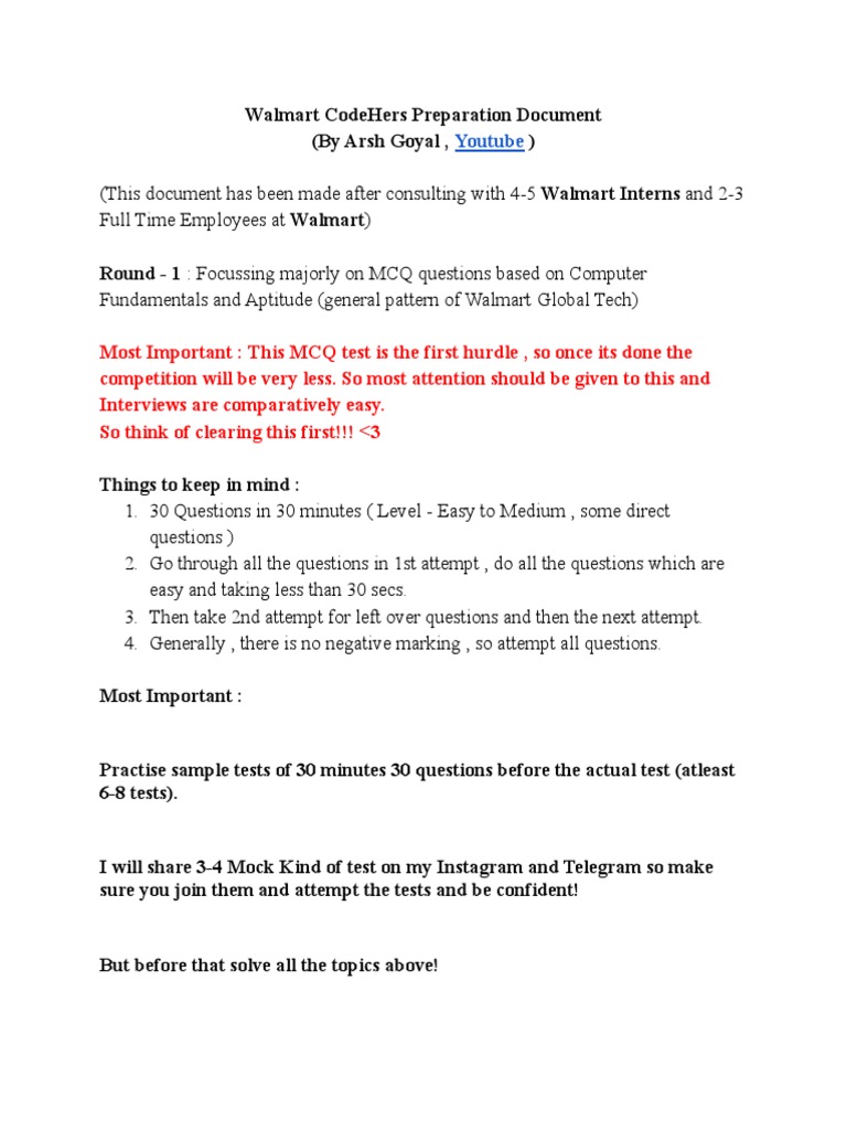 Walmart CodeHers Preparation Document | PDF | C++ | Constructor (Object ...