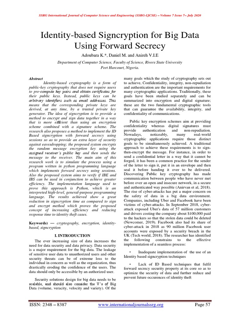 Identity Based Signcryption For Big Data Pdf Public Key Cryptography Cryptography
