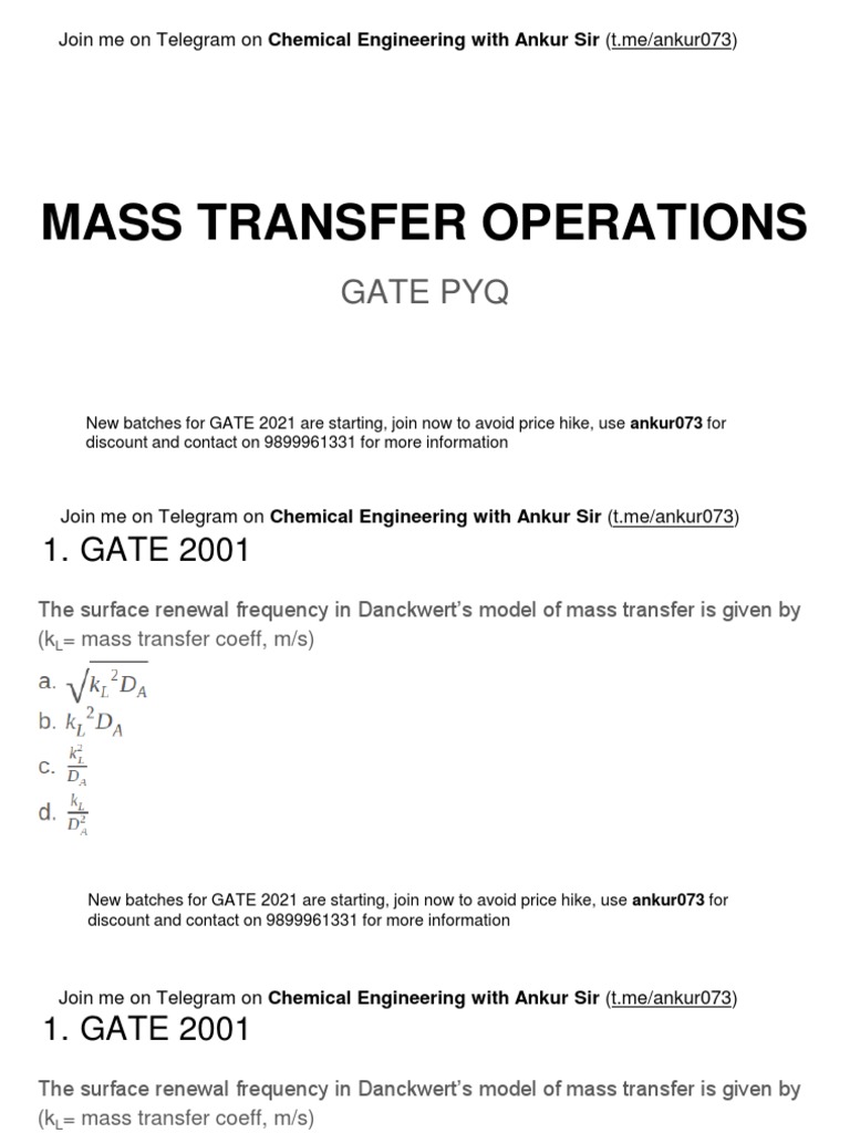 Mass Transfer Operations: Gate Pyq | PDF | Diffusion | Mole (Unit)