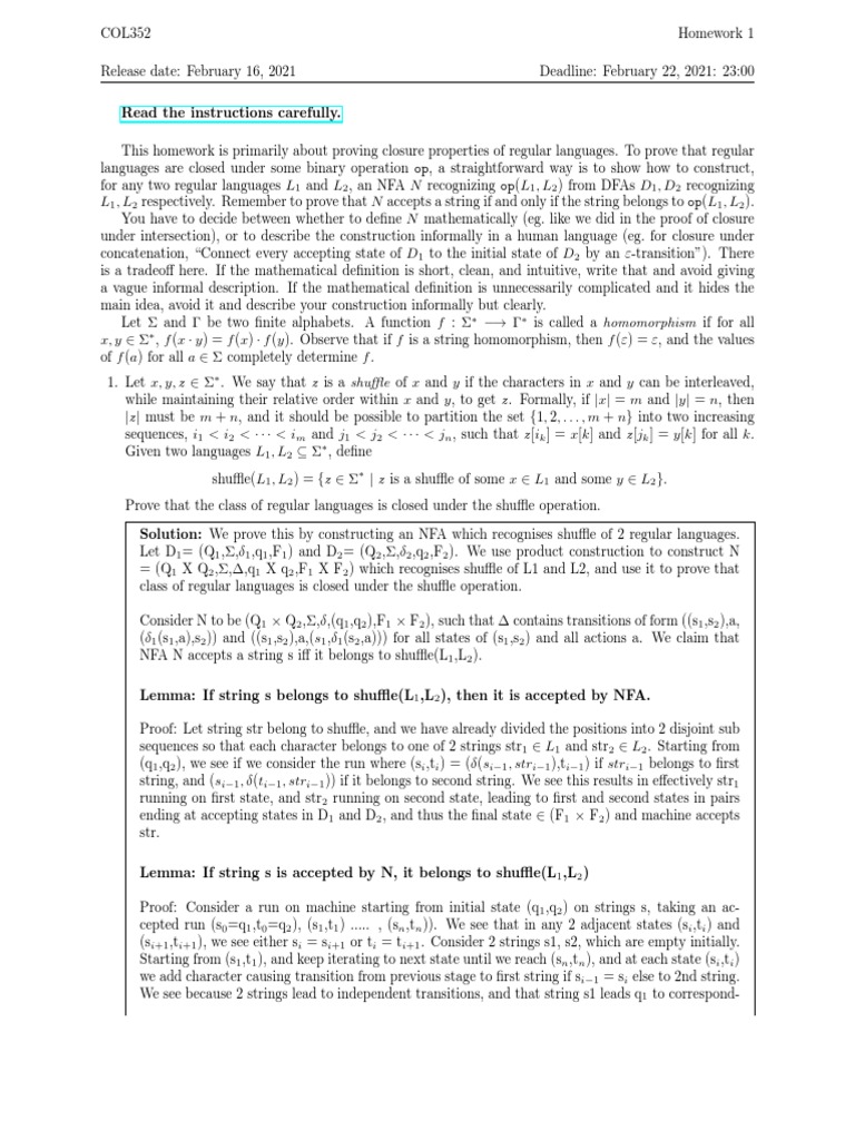 COL352 hw1 | PDF | String (Computer Science) | Theory Of Computation