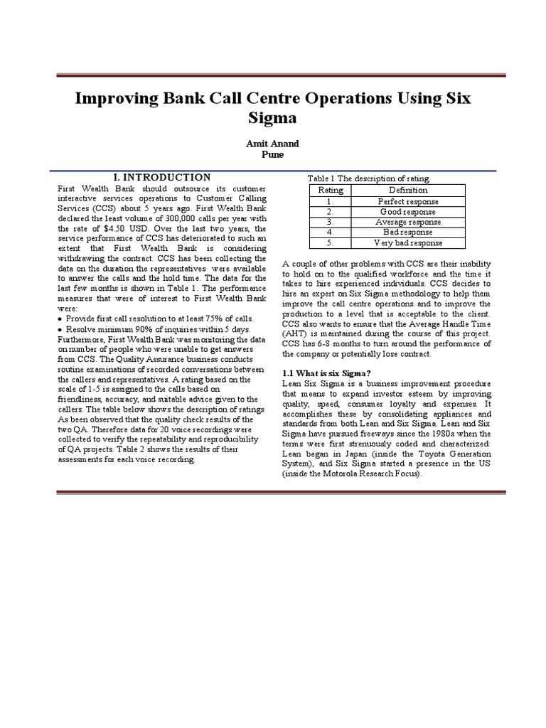Improving Bank Call Centre Operations Using Six Sigma: Amit Anand Pune ...