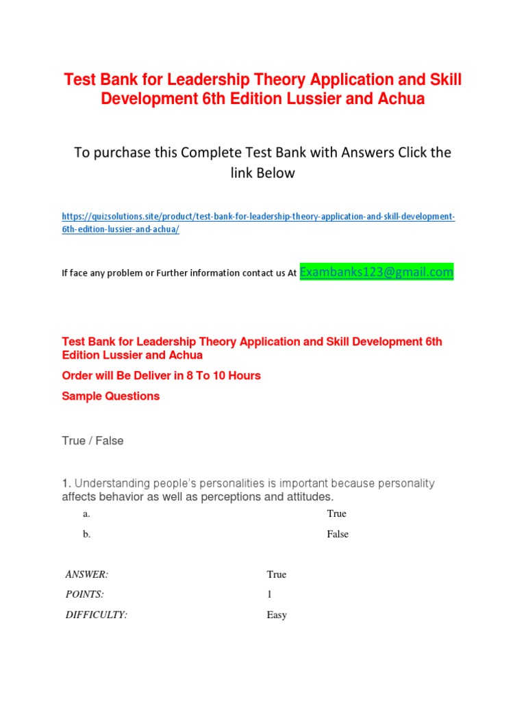 Test Bank For Leadership Theory Application and Skill Development 6th ...