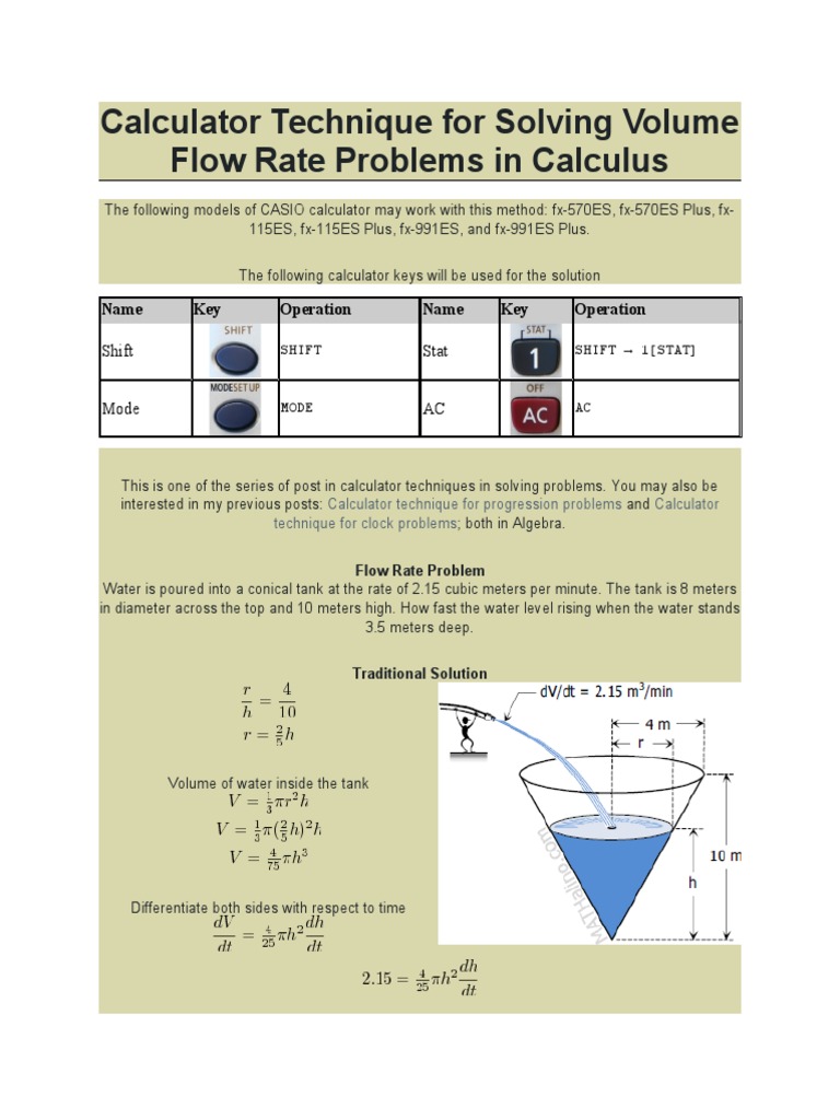 Calculator Technique For Solving Volume Flow Rate Problems in Calculus ...