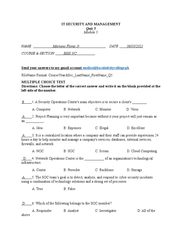 IT Security Management Quiz 5 | PDF | Information Technology | Computing