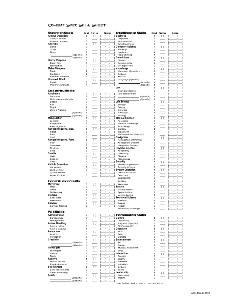 Alternity Skill Sheets | PDF | Military Tactics | Infantry