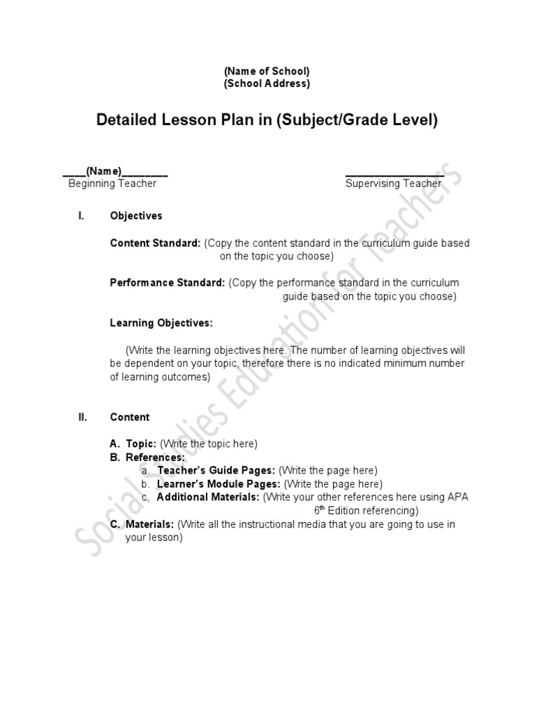 Lesson Plan Format Based DepEd Order 42 | PDF | Lesson Plan | Teachers