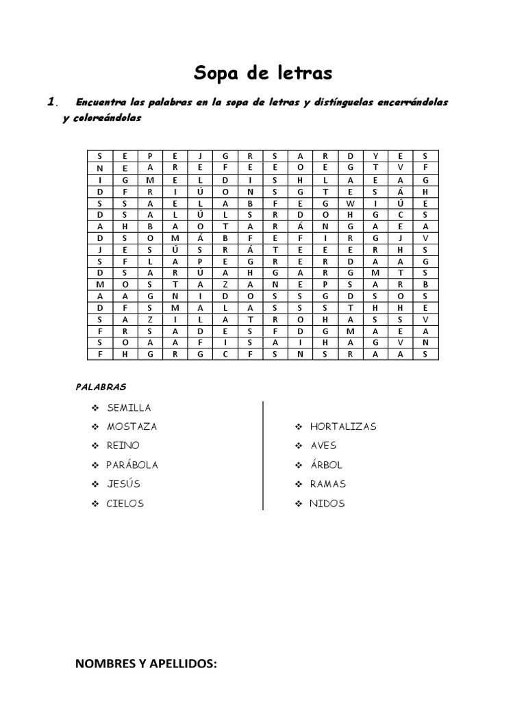 PARÁBOLA DE LA SEMILLA DE MOSTAZA-sopa de letras | PDF