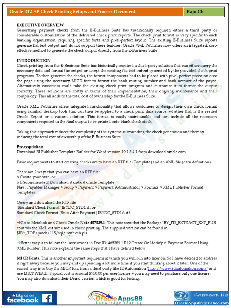 Oracle R12 AP Check Printing Setups and Process Document | PDF | Accounts Payable | Cheque