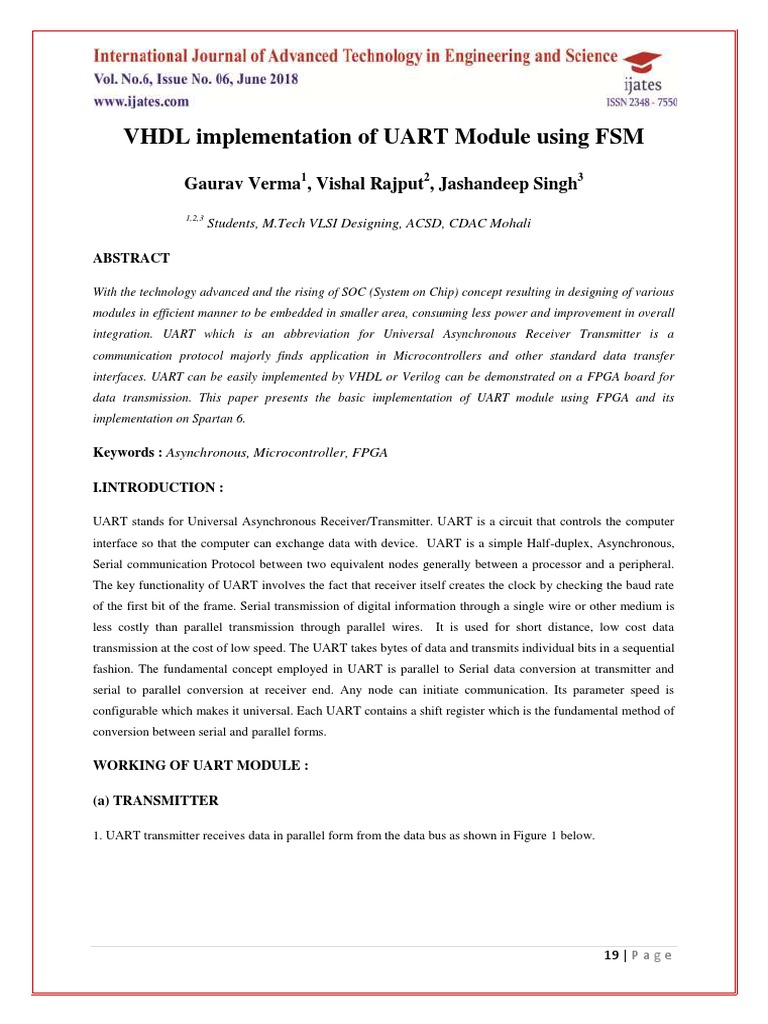 VHDL Implementation of UART Module Using FSM: Gaurav Verma, Vishal Rajput, Jashandeep Singh ...