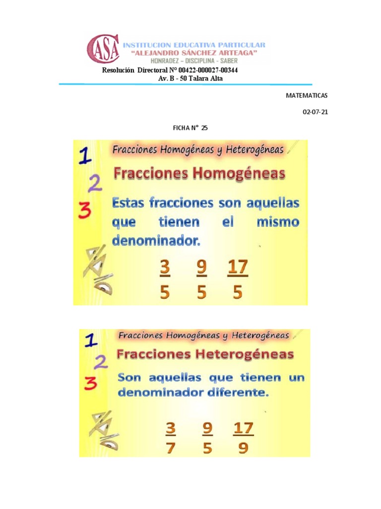 Matematicas Ficha #25 Fracciones Homogeneas y Heterogeneas 02-07-21 | PDF