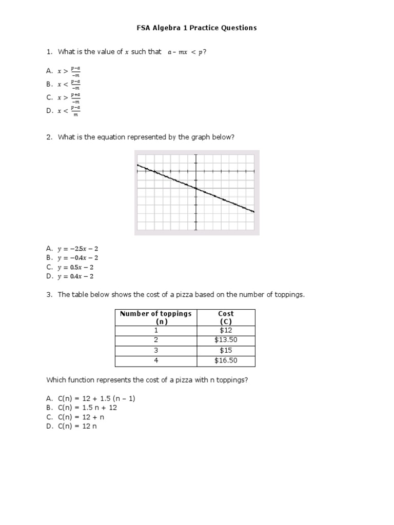 FSA Algebra 1 Practice | PDF | Equations | Mathematical Objects