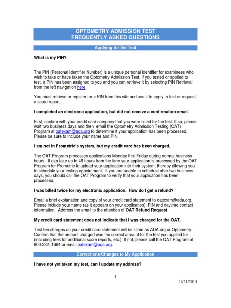 Optometry Admission Test Frequently Asked Questions: PIN P I N | PDF ...