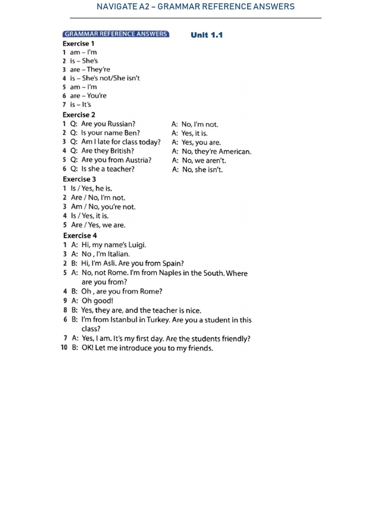 Navigate A2 - Grammar Reference Answer Keys | PDF