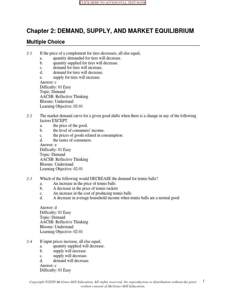 Chapter 2: Demand, Supply, and Market Equilibrium: Multiple Choice ...