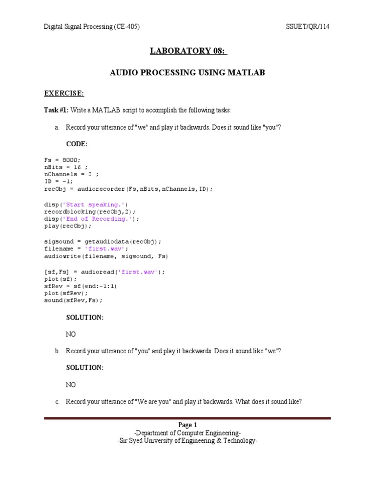Laboratory 08: Audio Processing Using Matlab: Exercise | PDF | Sampling ...