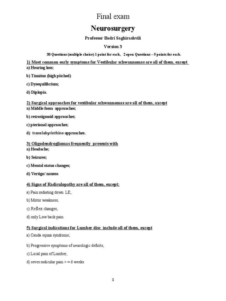 Neurosurgery Exam Questions & Answers | PDF | Brain Tumor | Skull